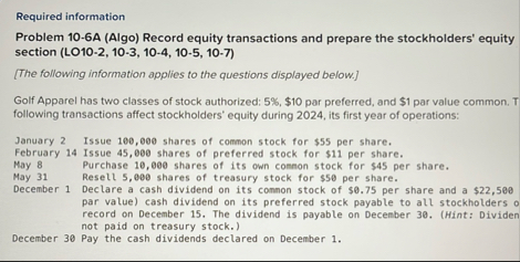 Solved Required informationProblem 10-6A (Algo) ﻿Record | Chegg.com