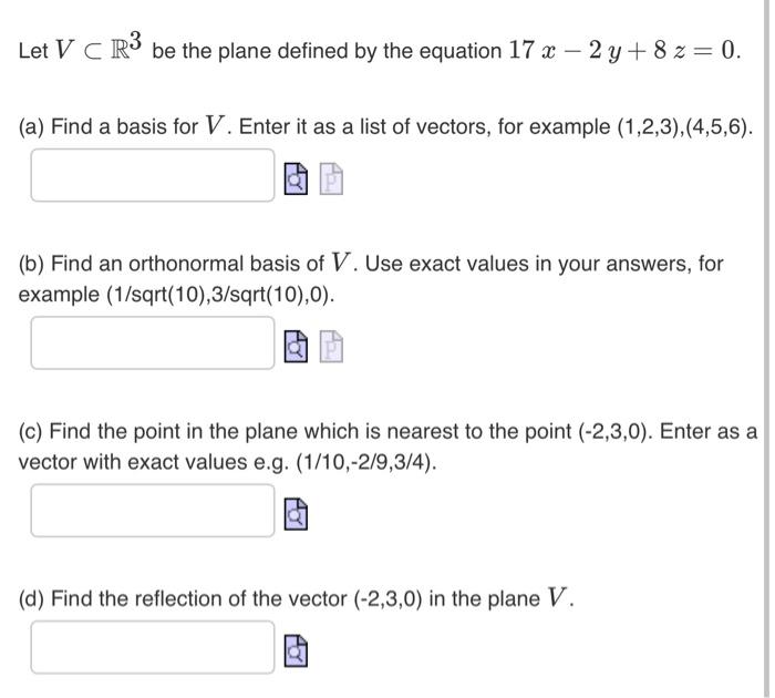 Solved Let V⊂R3 be the plane defined by the equation | Chegg.com