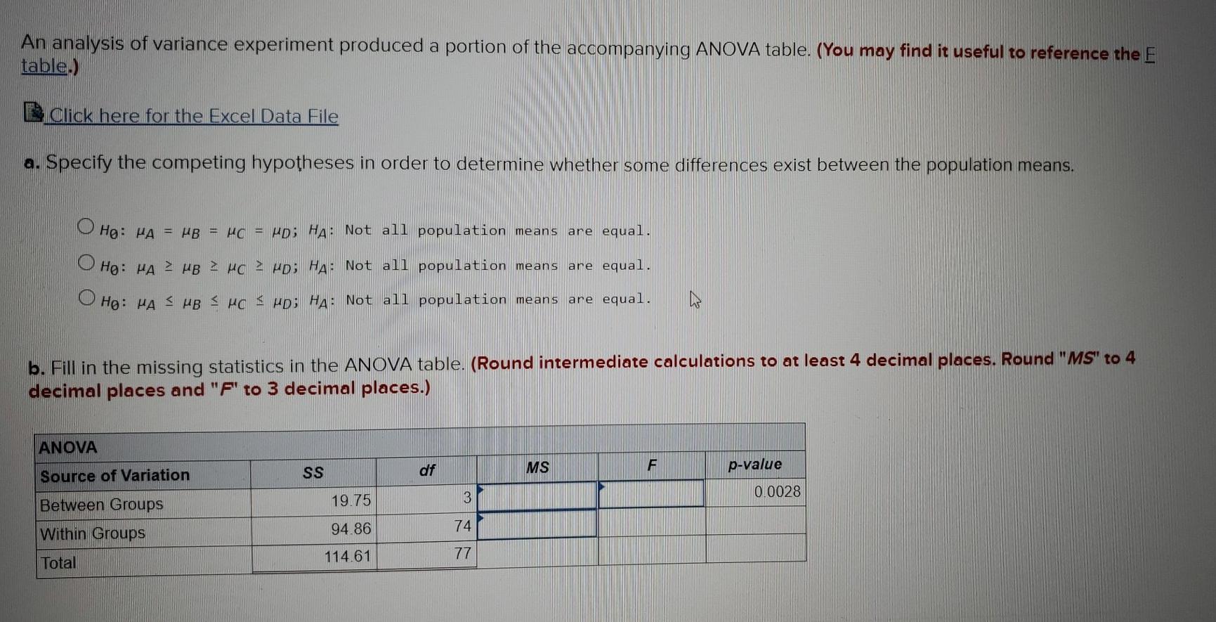 Solved An analysis of variance experiment produced a portion | Chegg.com