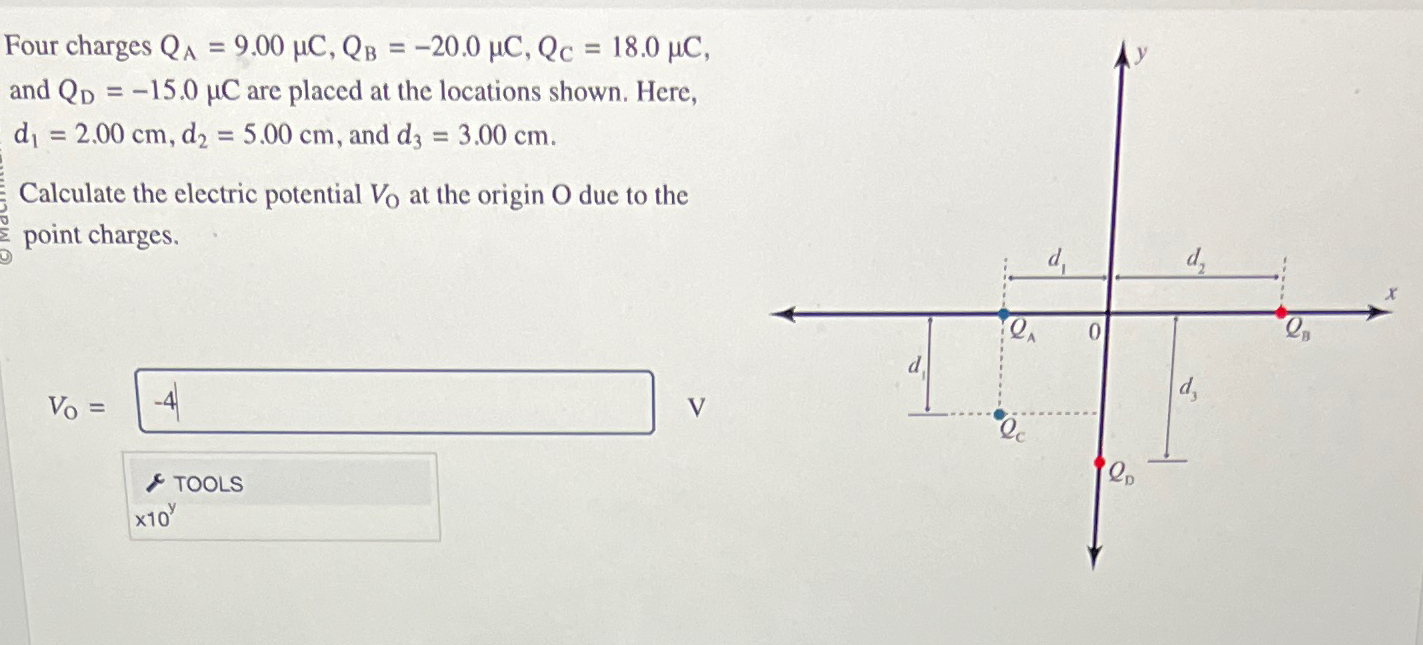 Solved Four charges QA=9.00μC,QB=-20.0μC,QC=18.0μC, ﻿and | Chegg.com