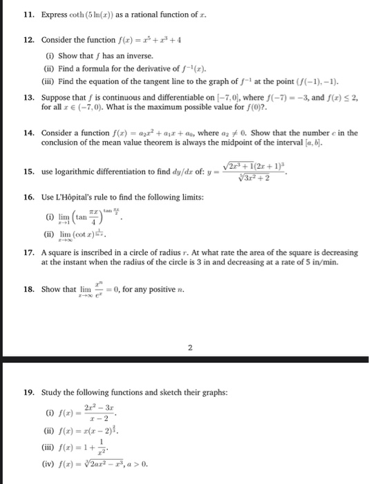 Solved 11. Express coth (5 In(x)) as a rational function of | Chegg.com