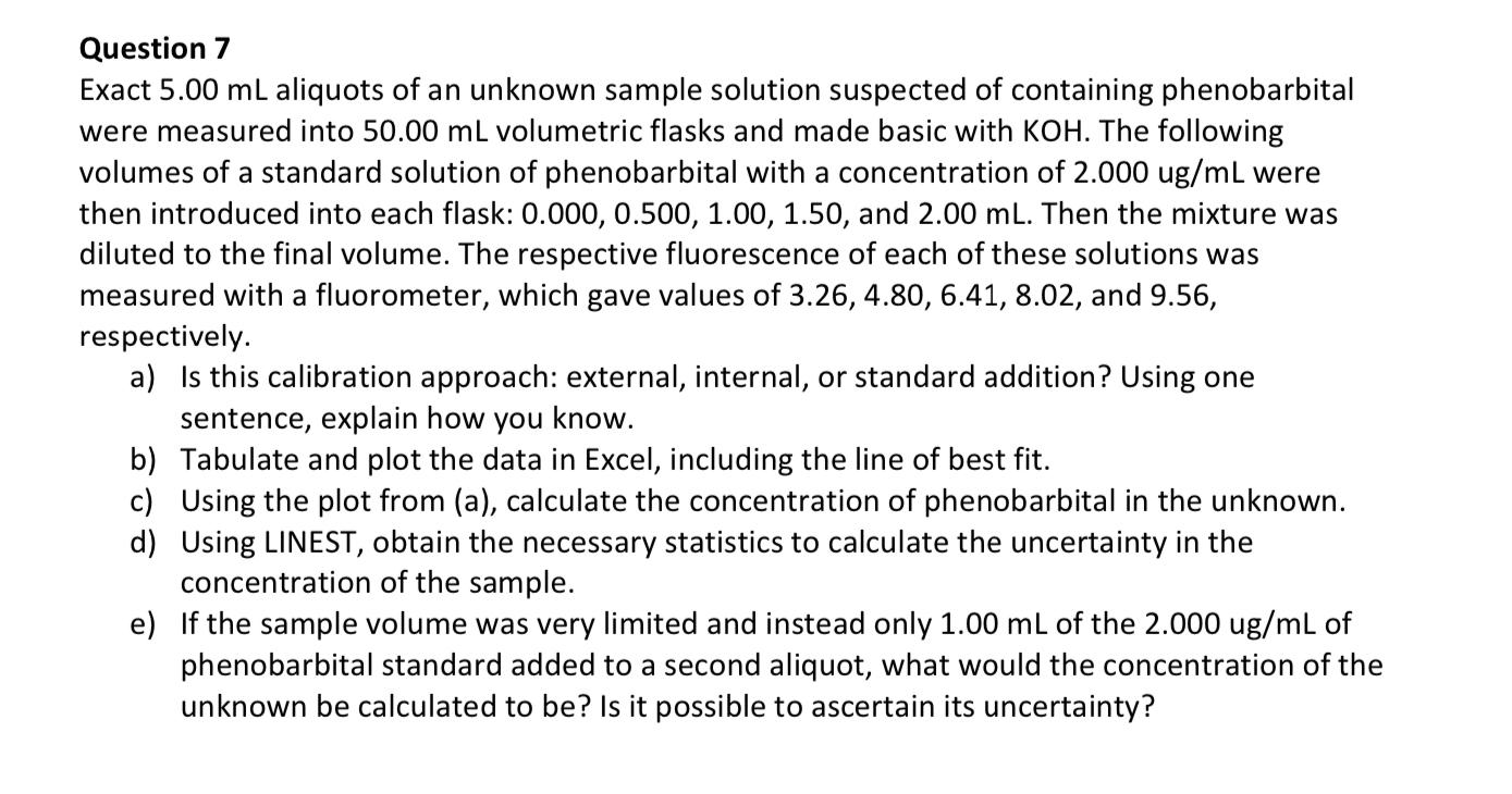 Solved Question 7\\nExact 5.00mL aliquots of an unknown | Chegg.com