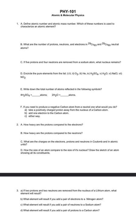 Solved PHY-101 Atomic \& Molecular Physies 1. A. Define | Chegg.com