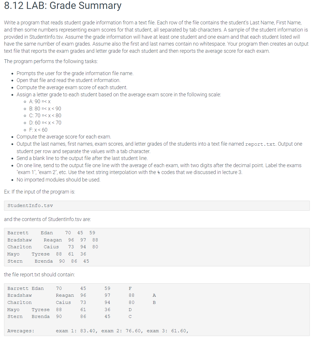 Solved 8.12 ﻿LAB: Grade SummaryWrite a program that reads | Chegg.com