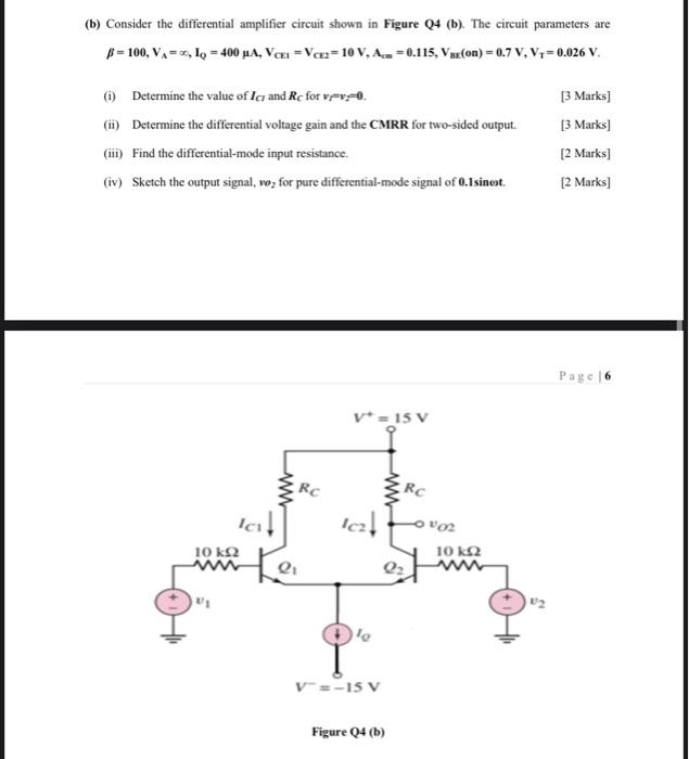 Solved B Consider The Differential Amplifier Circuit Shown