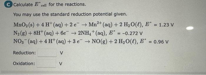 Calculate E∘ cell for the reactions. You may use the | Chegg.com