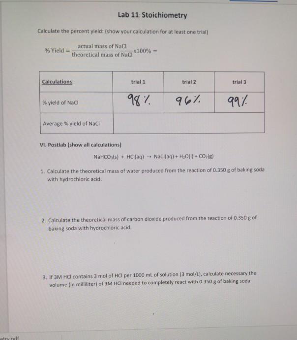 Solved Lab 11: Stoichiometry Calculate the percent yield: | Chegg.com