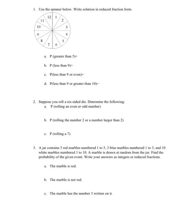 Solved 1. Use the spinner below. Write solution in reduced | Chegg.com