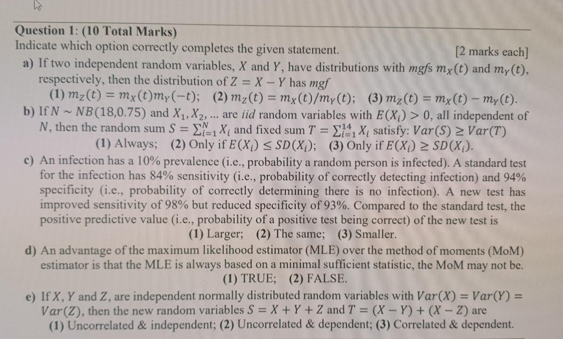 Solved வ = a Question 1: (10 Total Marks) Indicate which | Chegg.com