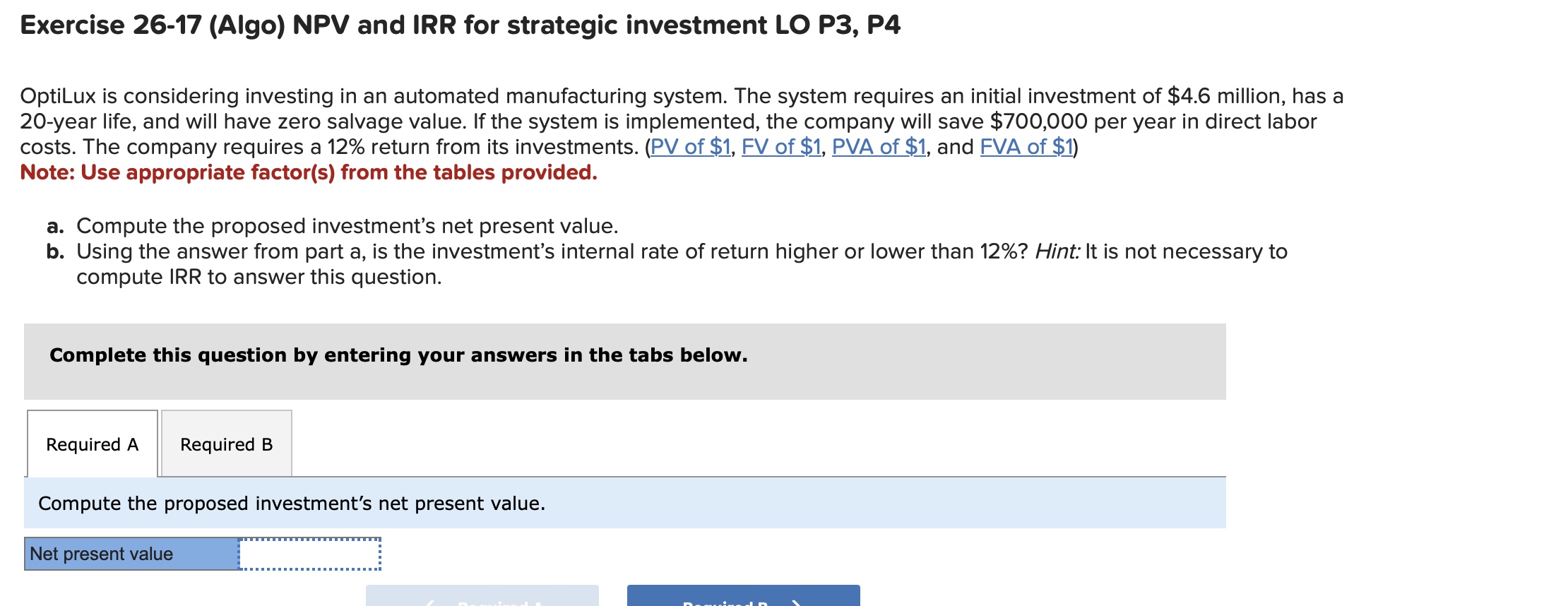 Solved Exercise 26-17 (Algo) ﻿NPV and IRR for strategic | Chegg.com