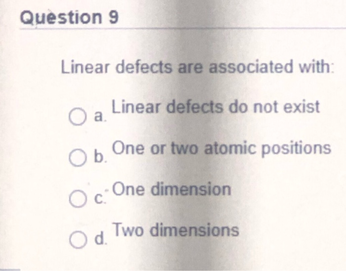 Solved Question 9 Linear defects are associated with: Linear | Chegg.com