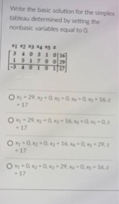 Solved Write the basic solution for the simplex tableau | Chegg.com