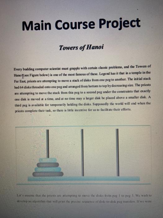 Solved Main Course Project Towers of Hanoi Every budding | Chegg.com