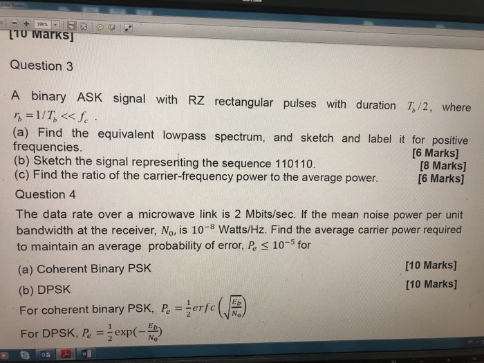 Solved 19% 10 Marks] Question 3 A binary ASK signal with RZ | Chegg.com