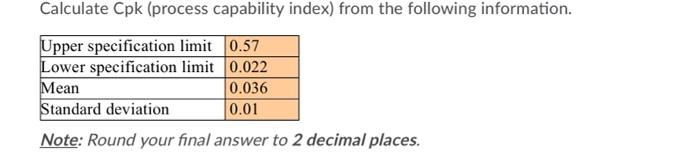 Solved Calculate Cpk (process capability index) from the | Chegg.com