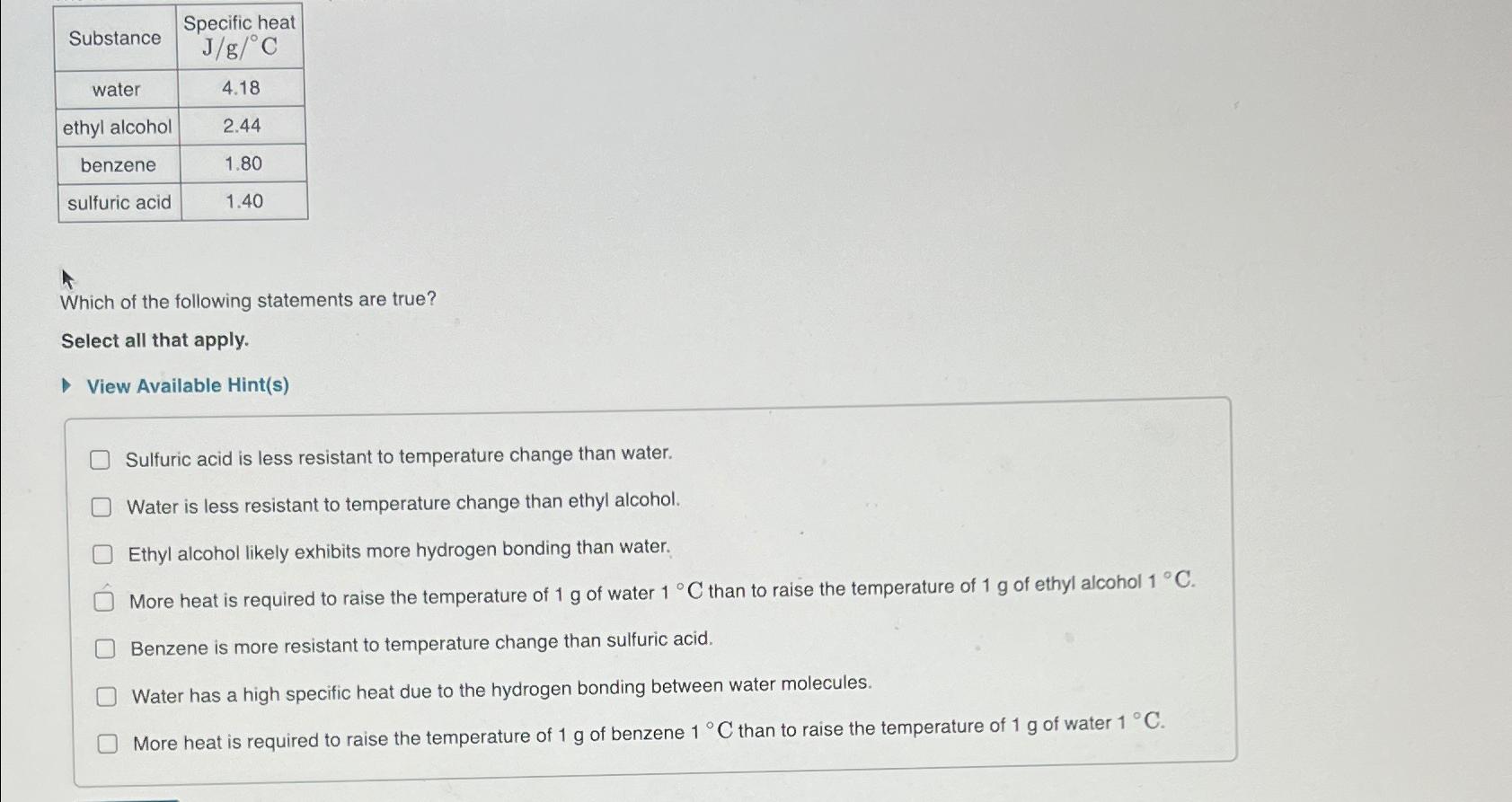 Solved \table[[Substance,\table[[Specific heat],[Jg??°C | Chegg.com