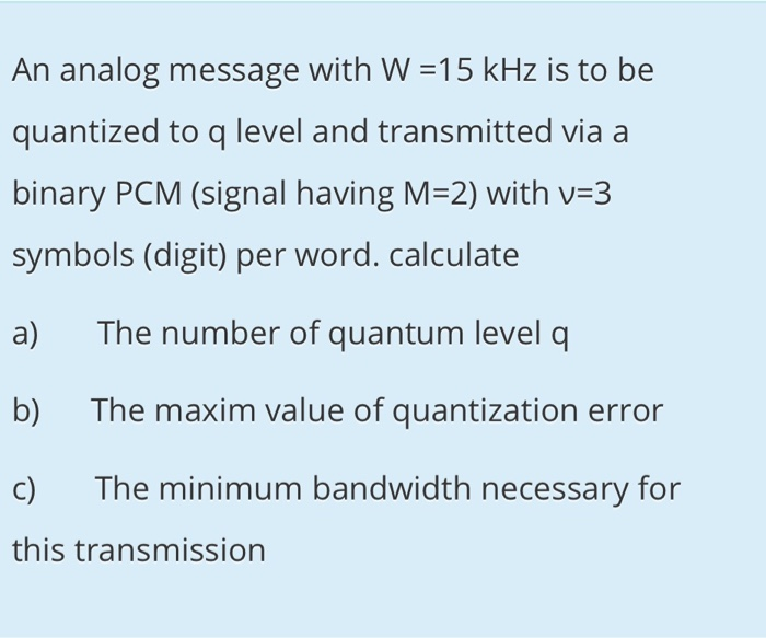 Solved An analog message with W =15 kHz is to be quantized | Chegg.com