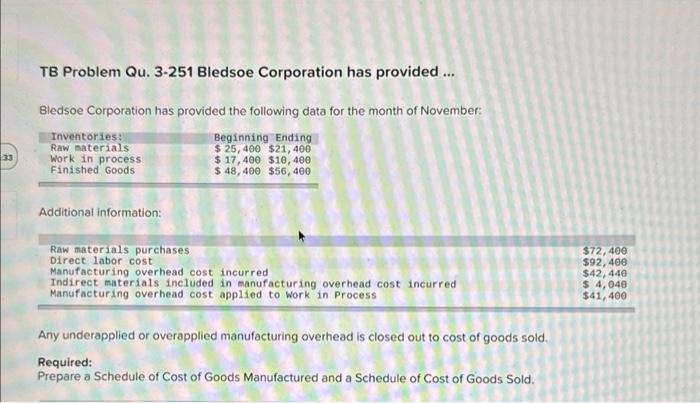 Solved TB Problem Qu. 3-251 Bledsoe Corporation has provided | Chegg.com