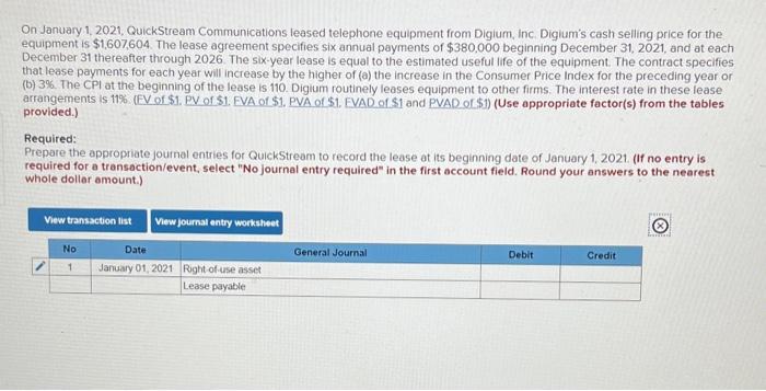 Solved On January 1, 2021, QuickStream Communications leased | Chegg.com