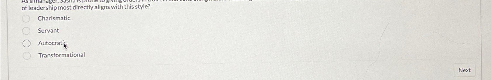 Solved As a manager sasha is prone to giving orders ina | Chegg.com