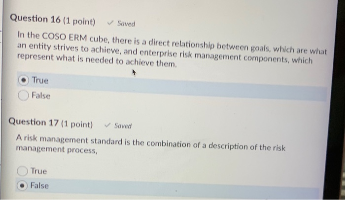 Solved Question 16 (1 point) Saved In the COSO ERM cube, | Chegg.com