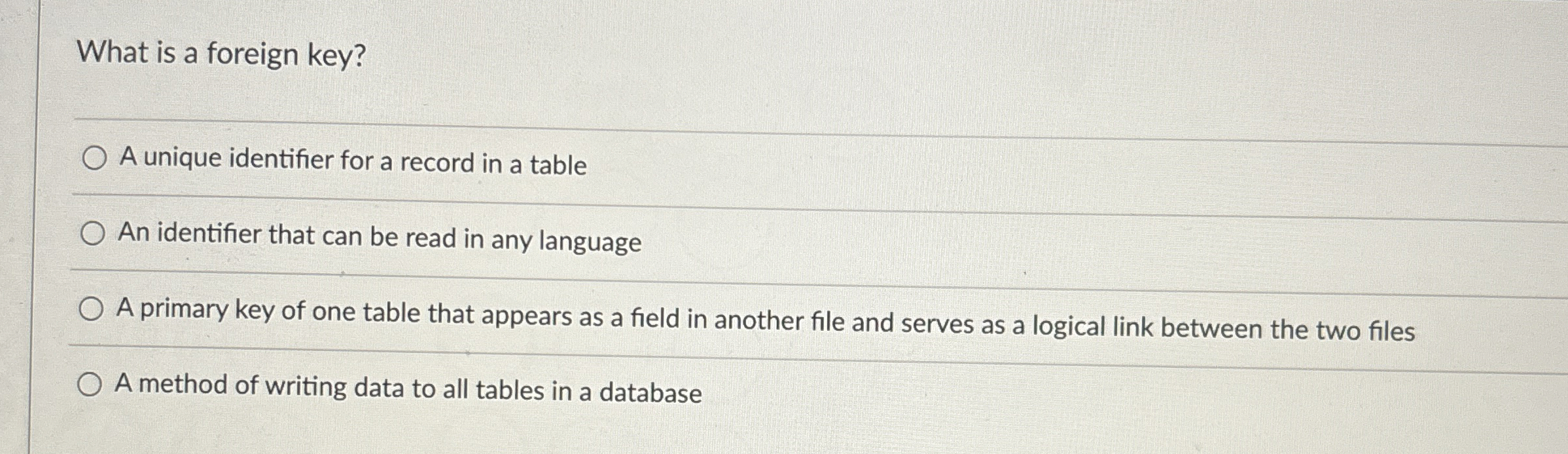 Solved What is a foreign key?A unique identifier for a | Chegg.com