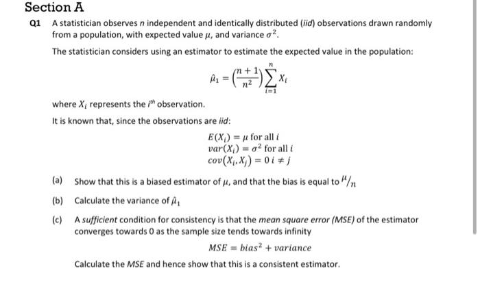 Solved Section A Q1 A statistician observes n independent | Chegg.com