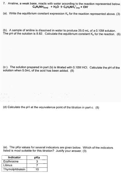 Solved Aniline. a weak base, reacts with water according to | Chegg.com