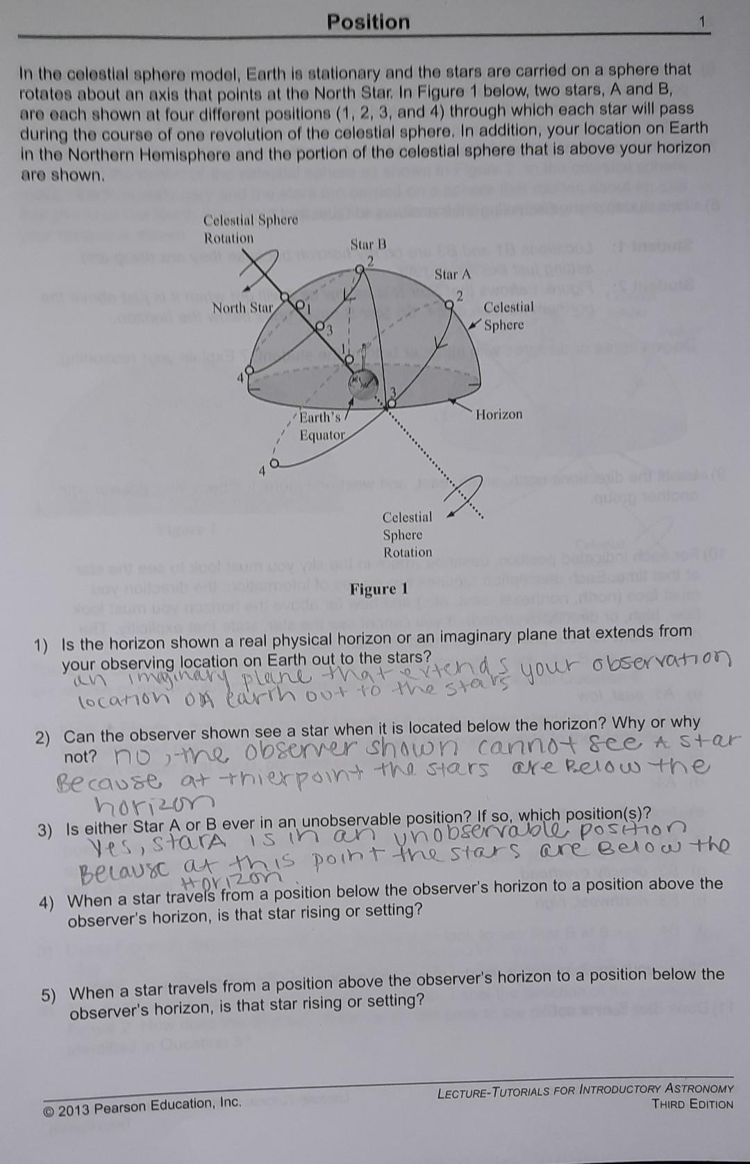 Position 1 In the celestial sphere model, Earth is | Chegg.com