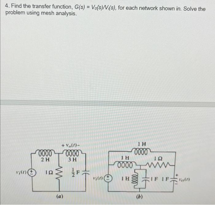 Solved 4. Find the transfer function, G(s) = Vo(s)/Vi(s), | Chegg.com