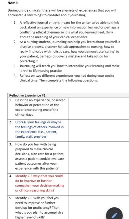 i need five(5) nursing experiences encountered | Chegg.com