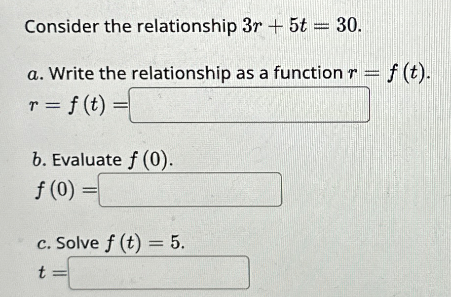 Solved Consider the relationship 3r+5t=30.a. ﻿Write the | Chegg.com