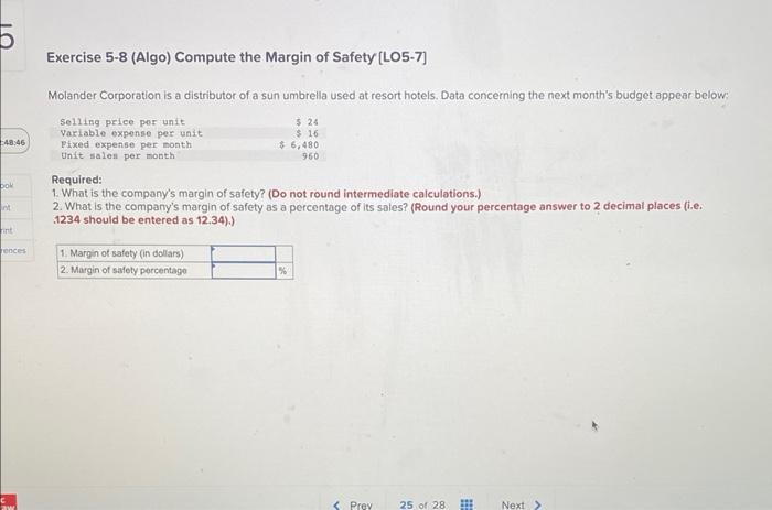 Solved Exercise 5-8 (Algo) Compute the Margin of Safety | Chegg.com