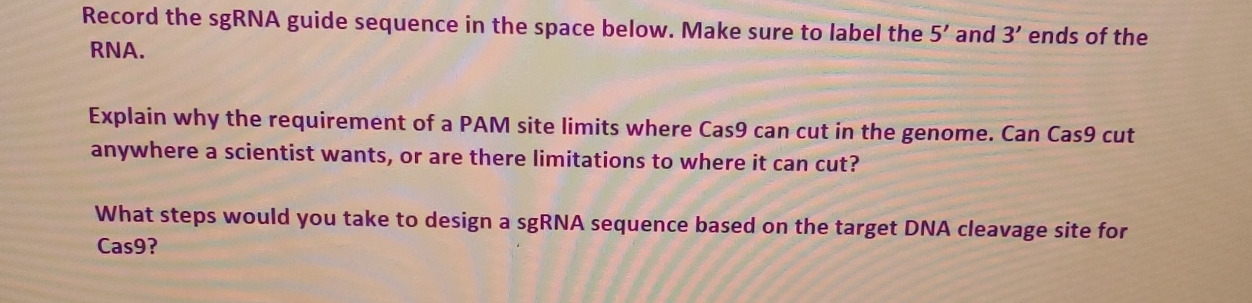 Solved Record the sgRNA guide sequence in the space below. | Chegg.com