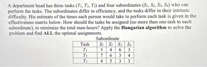Solved A department head has three tasks (T1,T2,T3) and four | Chegg.com