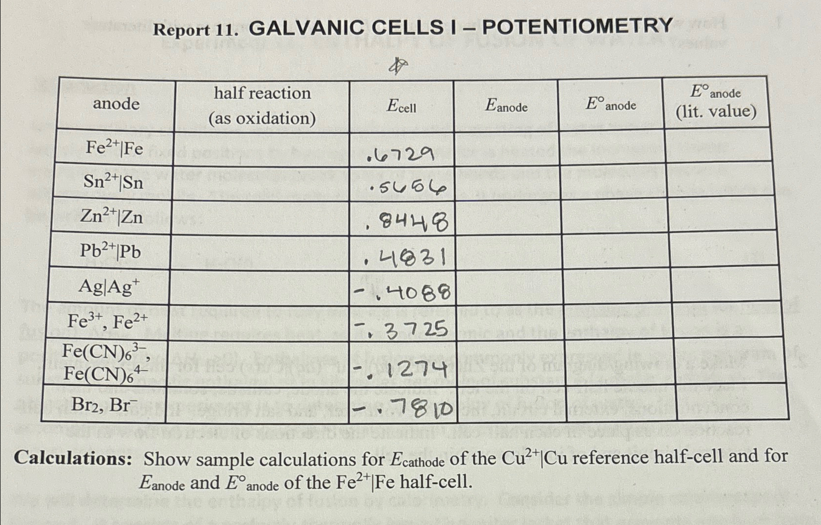 Solved Report 11. ﻿GALVANIC CELLS I - | Chegg.com