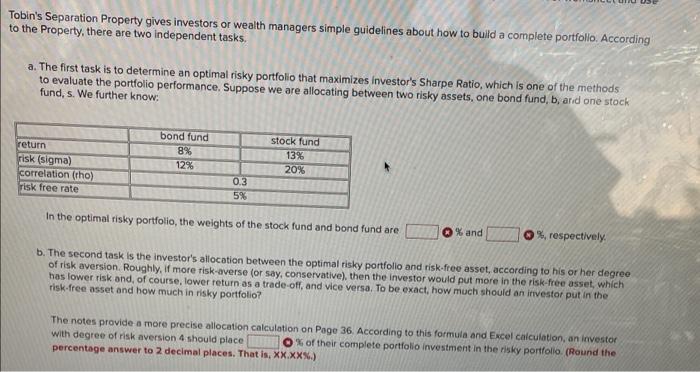 Tobin's Separation Property gives investors or wealth | Chegg.com