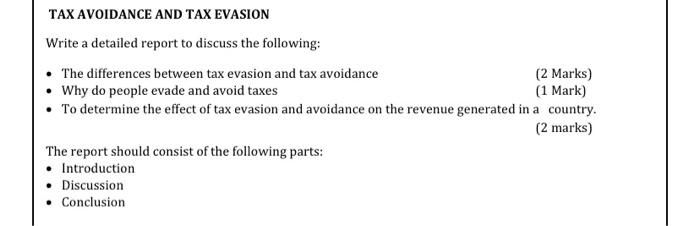 Solved TAX AVOIDANCE AND TAX EVASION Write a detailed report | Chegg.com