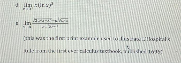 Solved d. \\( \\lim _{x \\rightarrow 0^{+}} x(\\ln x)^{2} | Chegg.com