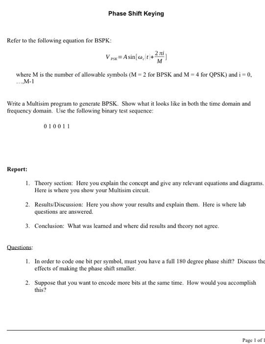 Phase Shift Keying Refer to the following equation | Chegg.com