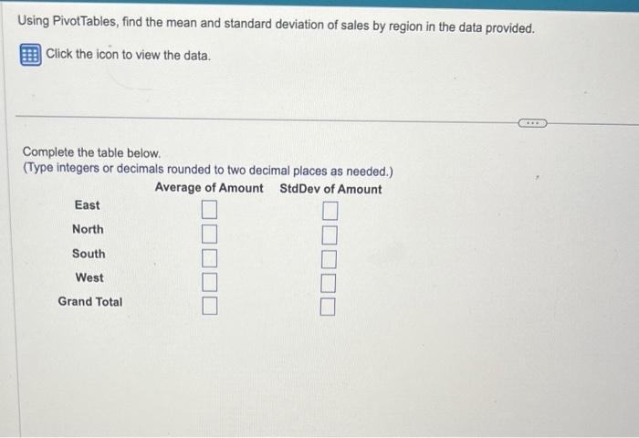 Solved Using PivotTables, find the mean and standard | Chegg.com