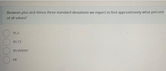 Solved Between plus and minus three standard deviations we | Chegg.com