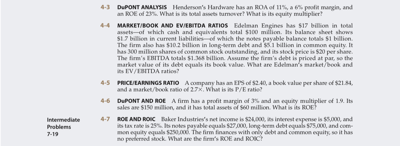 Solved 4-3 ﻿DuPONT ANALYSIS Henderson's Hardware has an ROA | Chegg.com