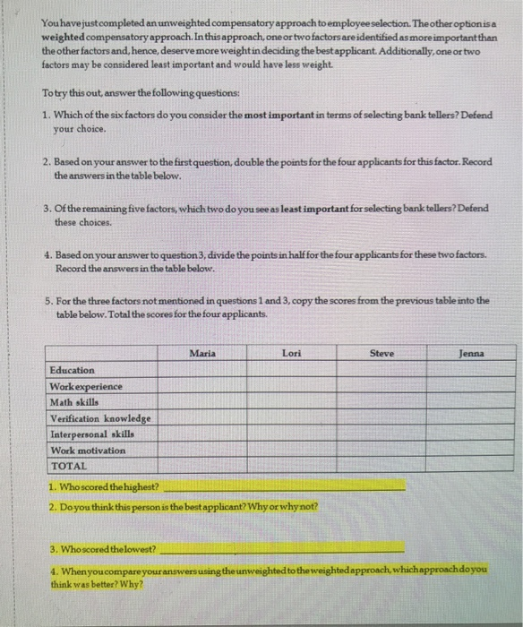 Employee Selection Exercise [A] Choose the selection | Chegg.com