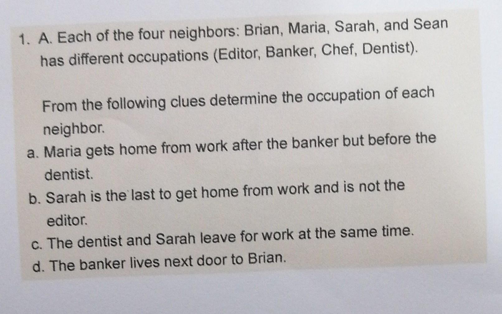 Solved 1. A. Each of the four neighbors: Brian, Maria, | Chegg.com