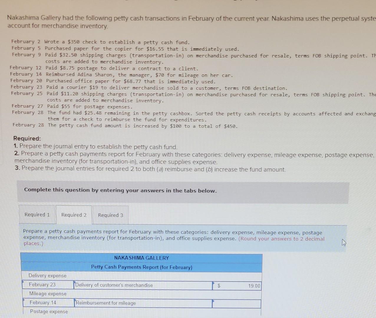 Solved Nakashima Gallery had the following petty cash | Chegg.com