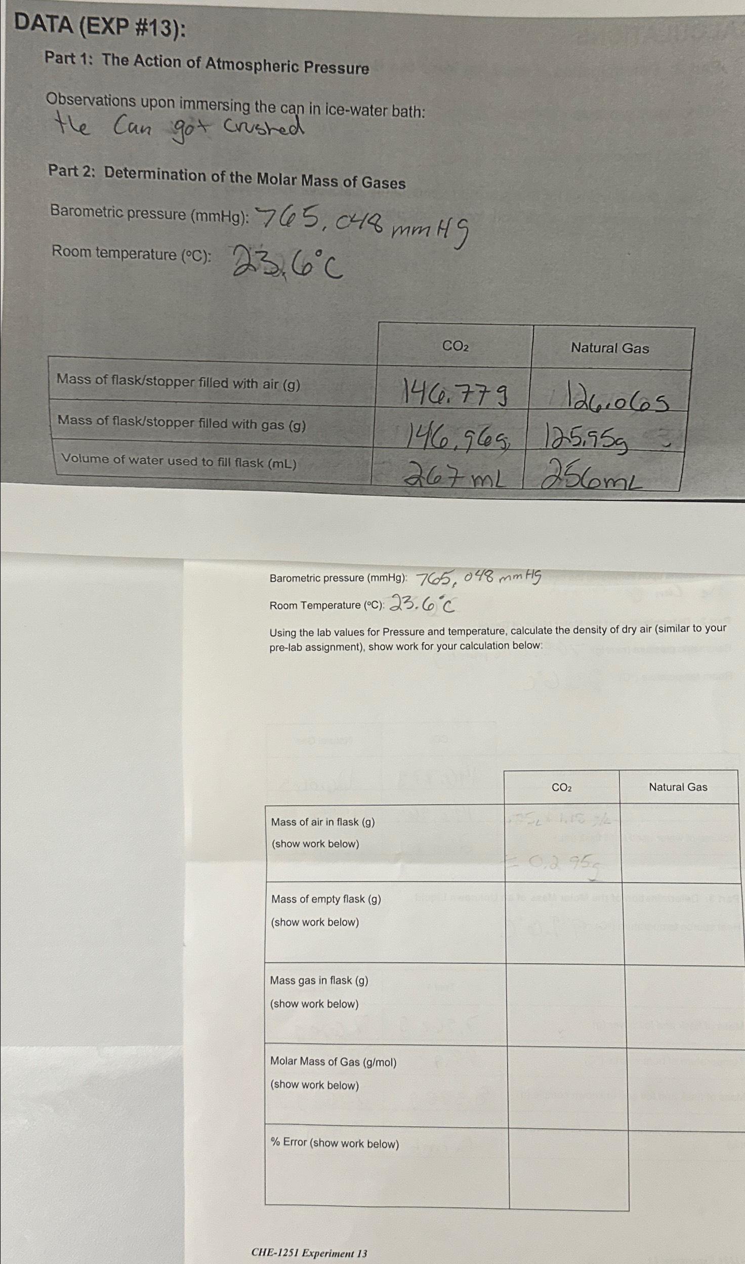 Solved DATA (EXP #13):Part 1: The Action of Atmospheric | Chegg.com