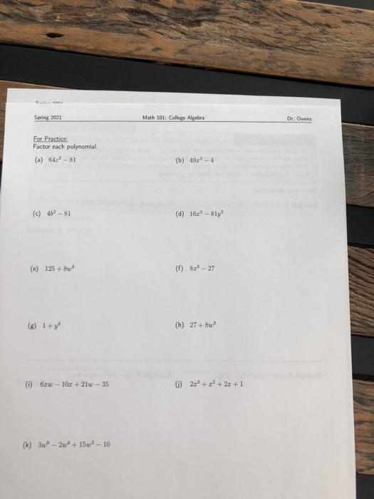 Solved Spring 2001 Math 101: College Algebra Dr Own For | Chegg.com
