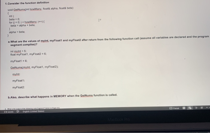 Solved 1 Consider The Function Definition Void Getnumsint 