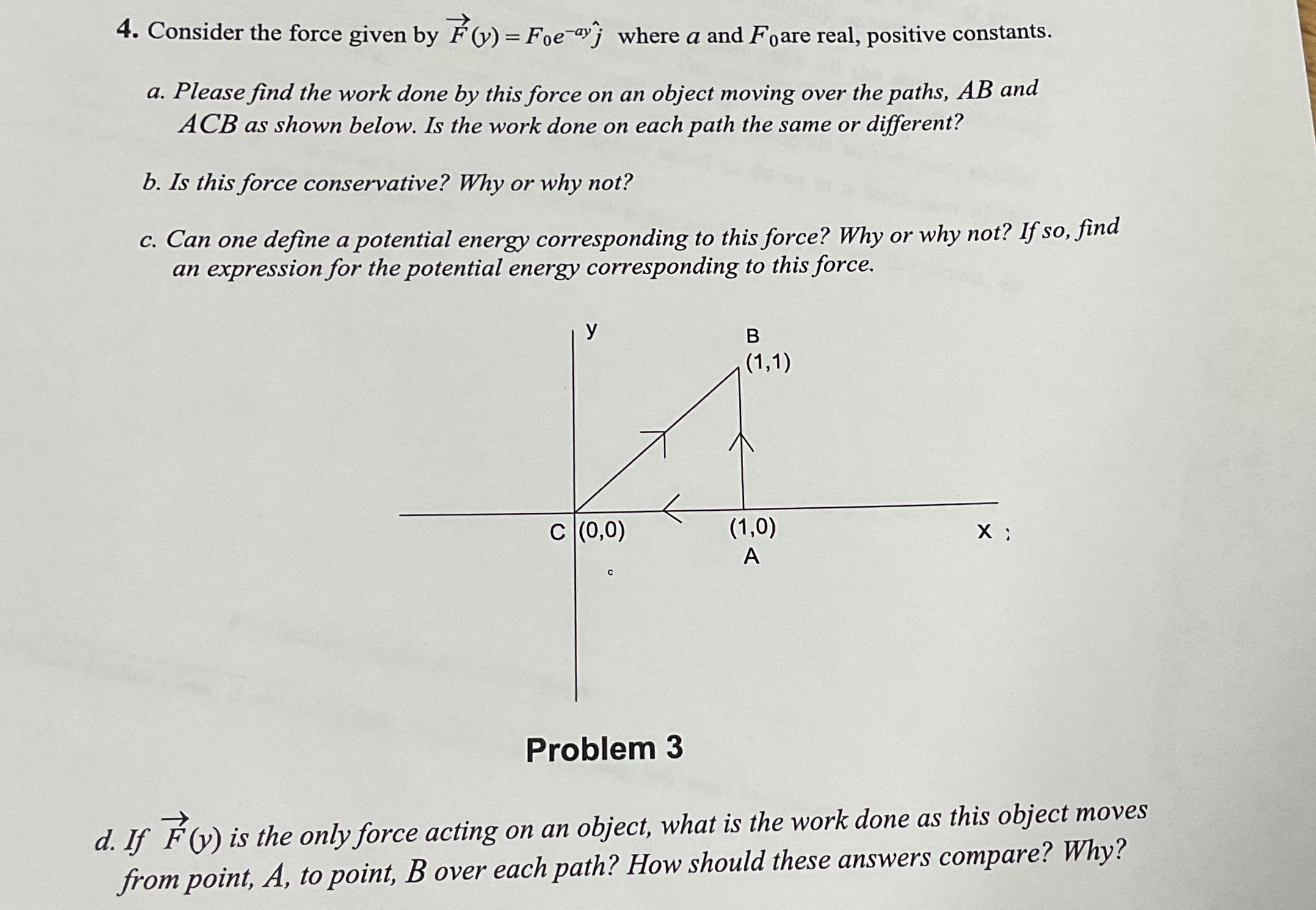 Solved Consider the force given by vec(F)(y)=F0e-ayhat(j) | Chegg.com
